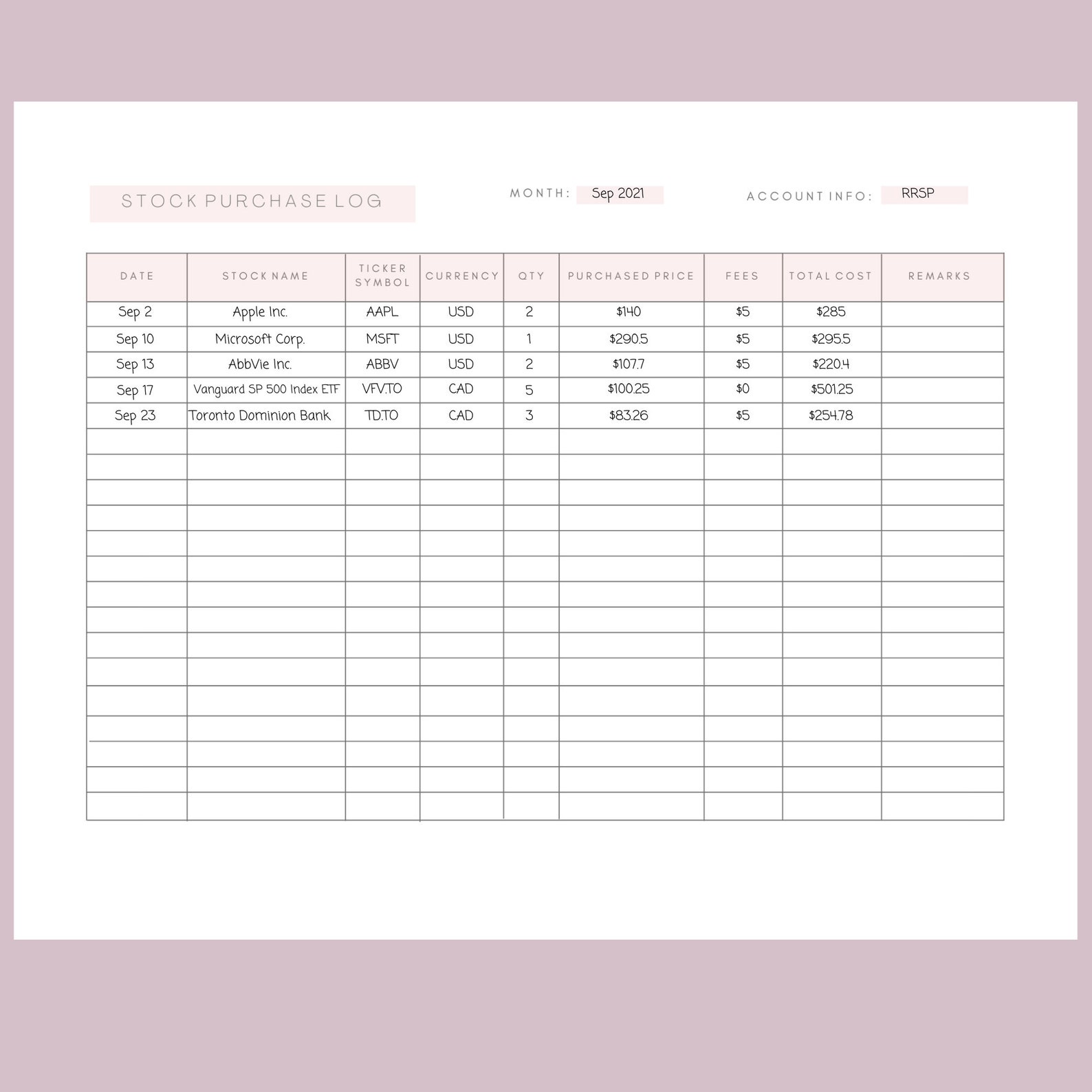 Stock Portfolio Tracker Printable | Stocks Performance Planner | Stock ...