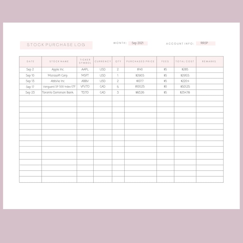 Stock Portfolio Tracker Printable | Stocks Performance Planner | Stock ...