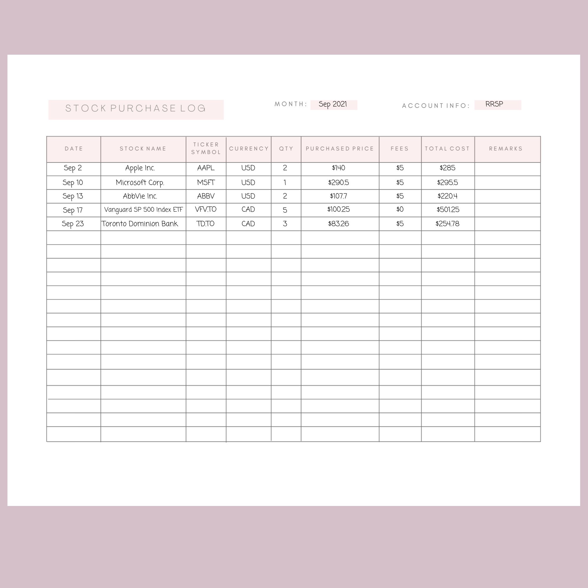 Stock Portfolio Tracker Printable | Stocks Performance Planner | Stock ...