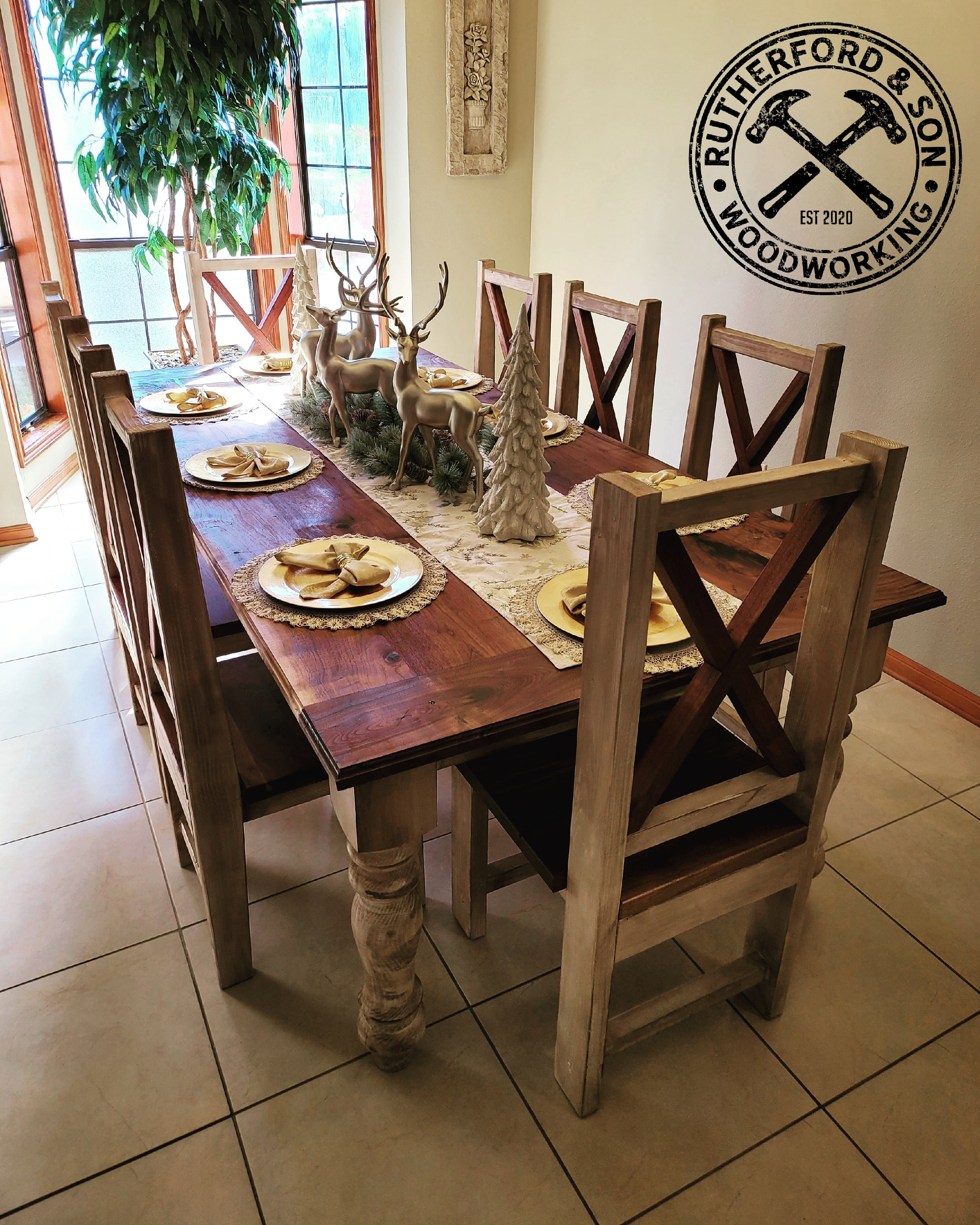 Walnut Farmhouse Dining Table Set - Etsy