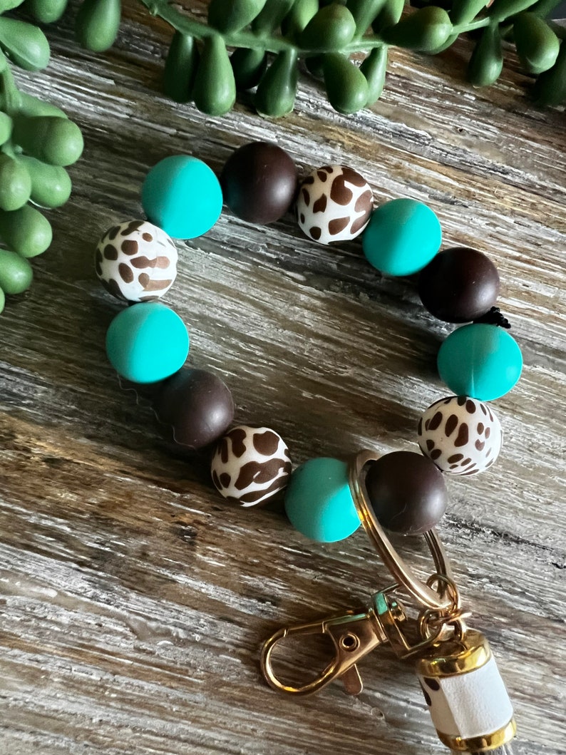 Brown Cow Print & Turquoise Silicone Keychain Bracelet - Etsy