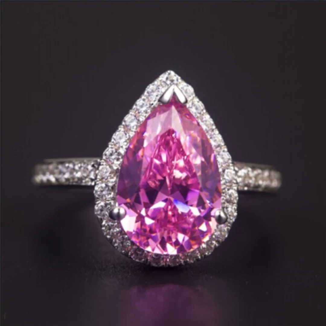 3.10ct Pear Cut Pink Diamond Wedding Ring, Halo Pink Stone Engagement ...