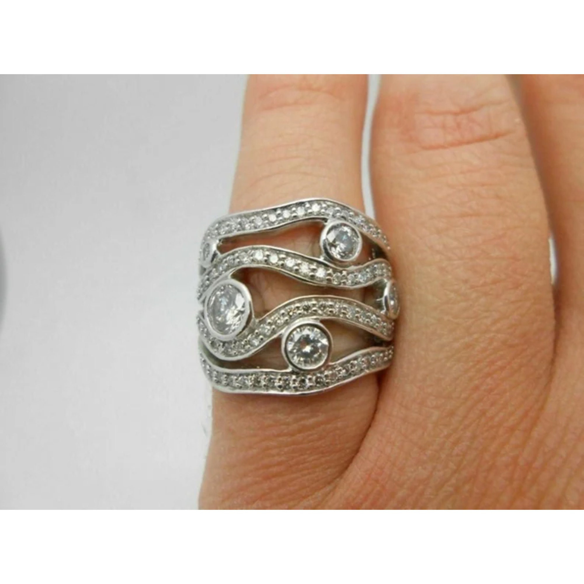Pave Diamond Wave Ring, Unique Waves Style Ring, Water Waves Inspired Ring, Round Diamond Wave ...