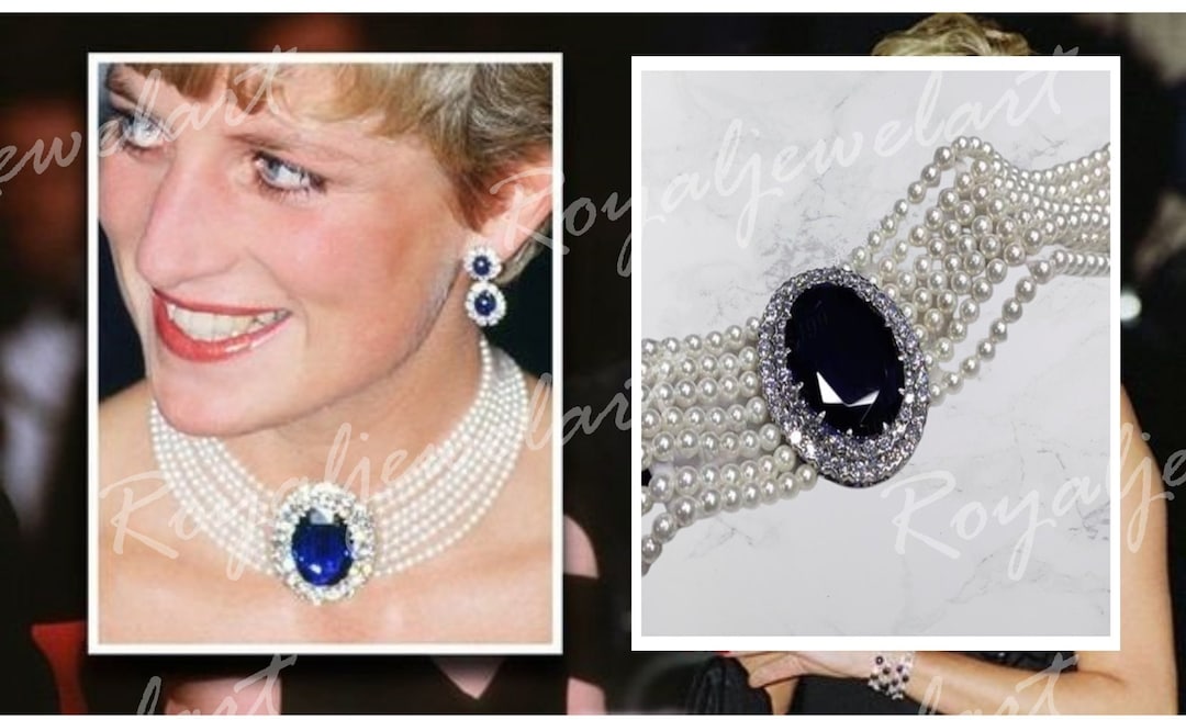 Princess Diana Choker Necklaces, 32ct Blue Sapphire Oval Cut Diamond Necklace, Pearl and Diamond ...