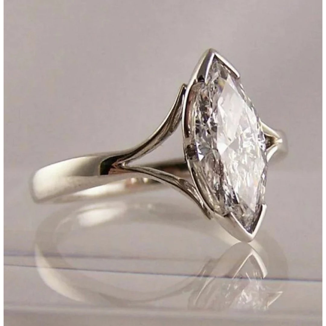 White Marquise Solitaire Diamond Ring, Half Bezel Set Wedding Ring ...