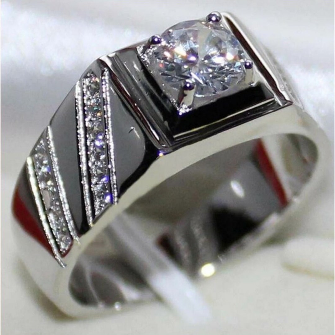 Men's Solitaires Accents Engagement Ring, Round Diamond Men's Ring, Man ...