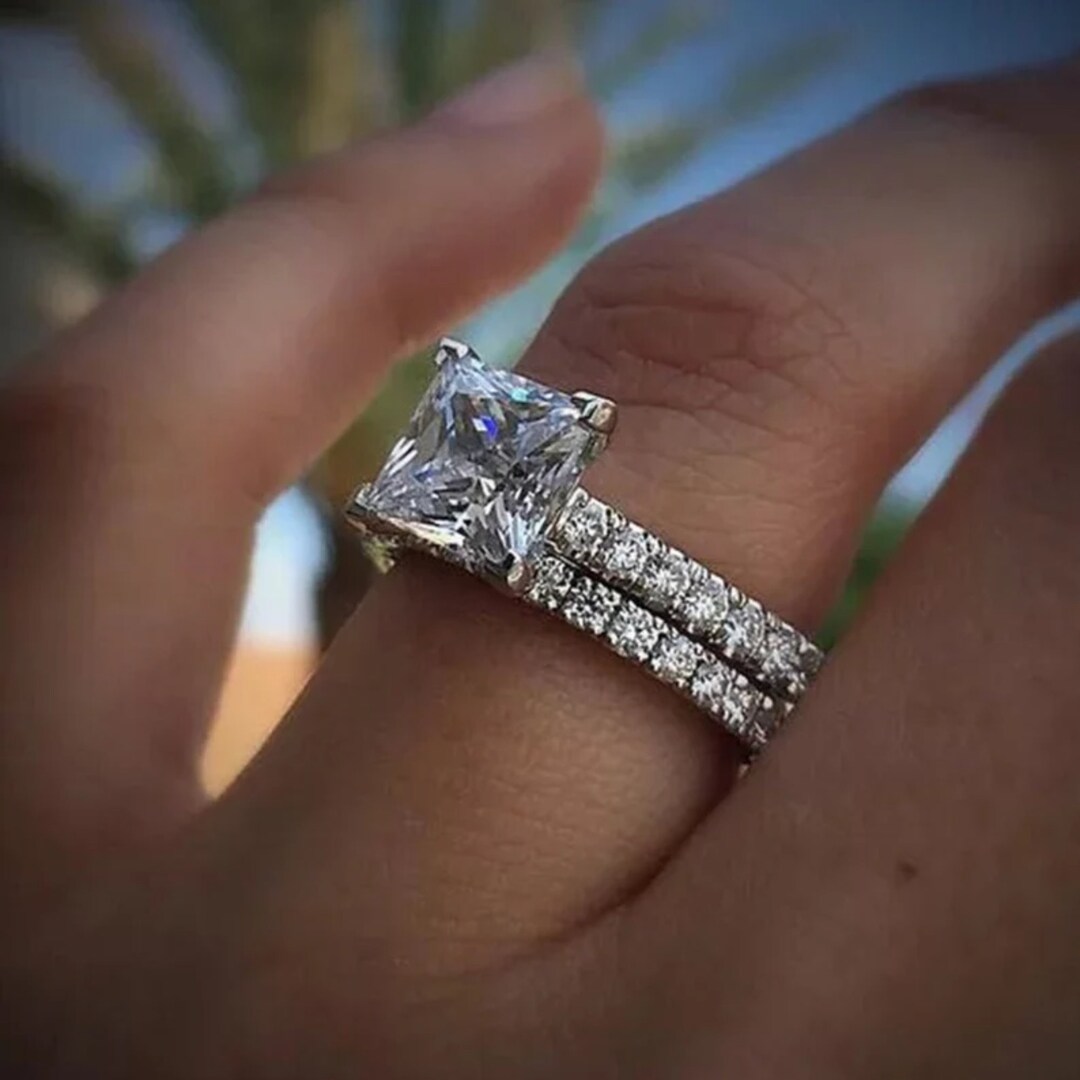 2.20ct White Princess Cut Diamond Wedding Bridal Ring Set, Engagement ...