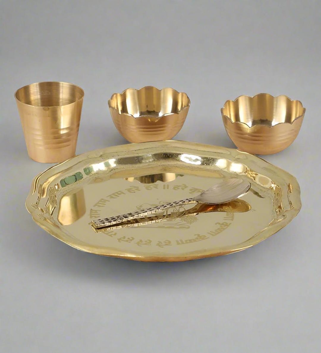 5 Inches Brass Pooja Thali Set, Brass Thali Set for Bhog, Set of 1 ...