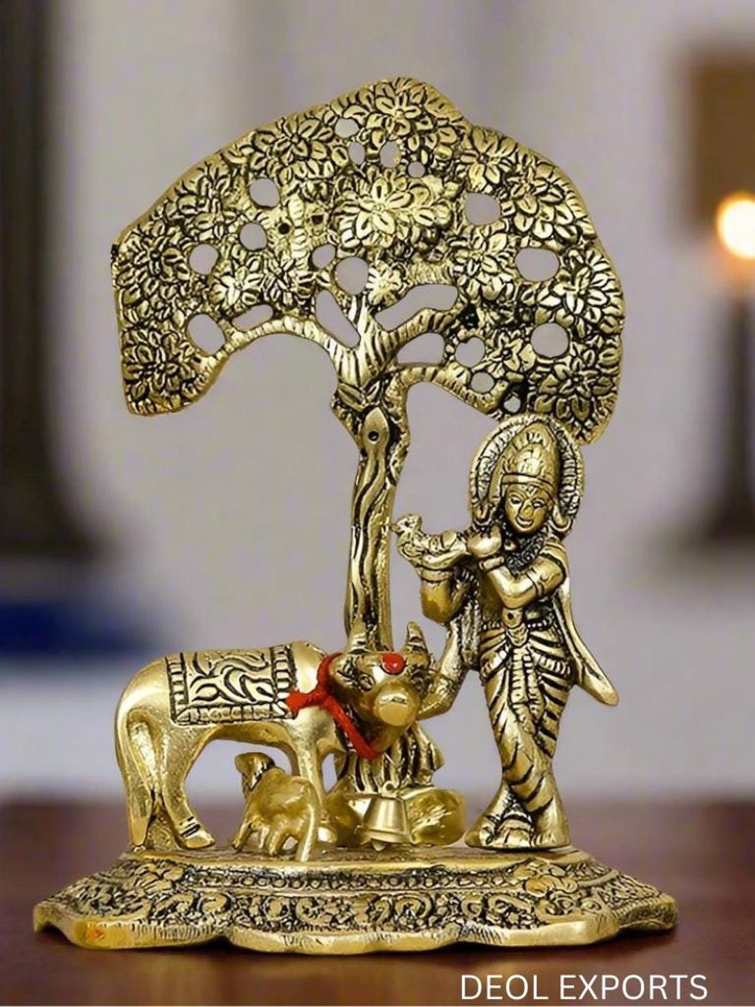 Handcrafted Lord Krishna Idol Playing Flute Deity Sculpture With Golden ...