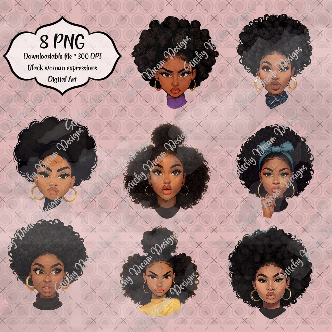 Black Woman Face Expressions Emoji Set - Set of 8 Pngs for Stickers ...