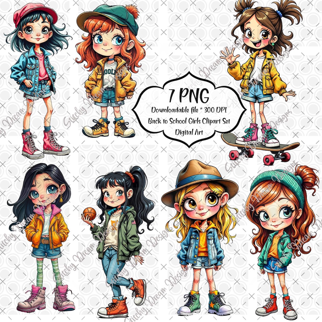 Trendy School Girls Clipart 7 Unique Pngs Digital Art for Craft ...