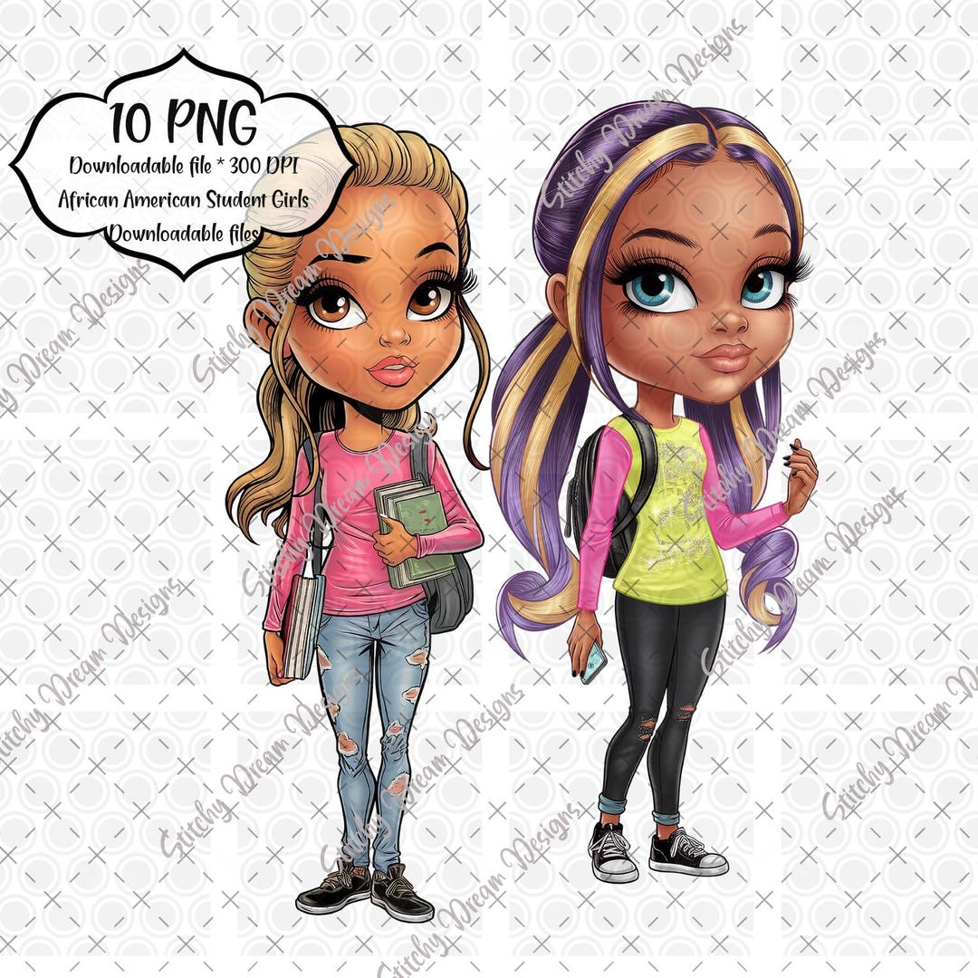 African American Student Girls Clipart 10 PNG Files Cute Back-to-school ...