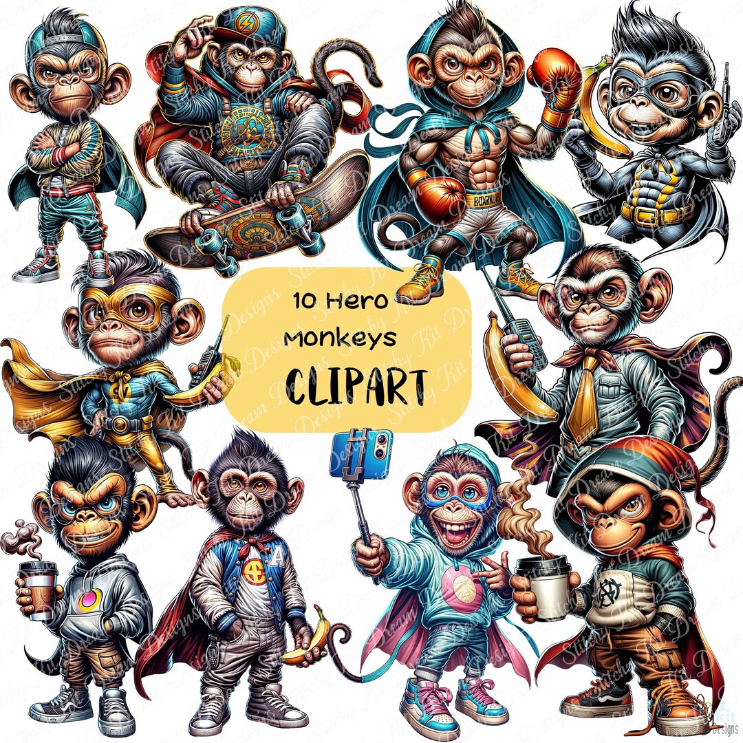 Hero Monkeys Clipart | Superhero Monkey PNG | Cute Cartoon Monkey Art ...