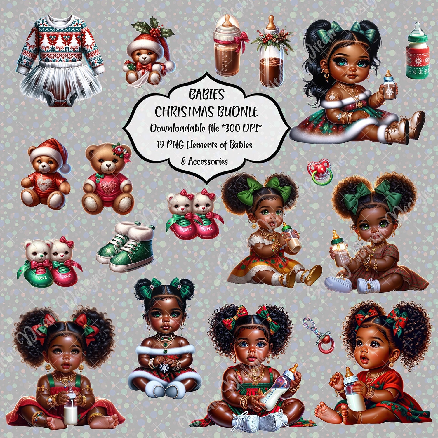 Christmas BABIES & Accessories Clipart Bundle, 19 Elements Afro ...