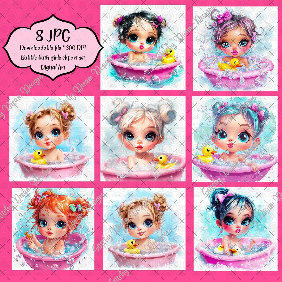 Bubble Bath Cuties Printable Set 8 Adorable Baby Girl Bathing ...