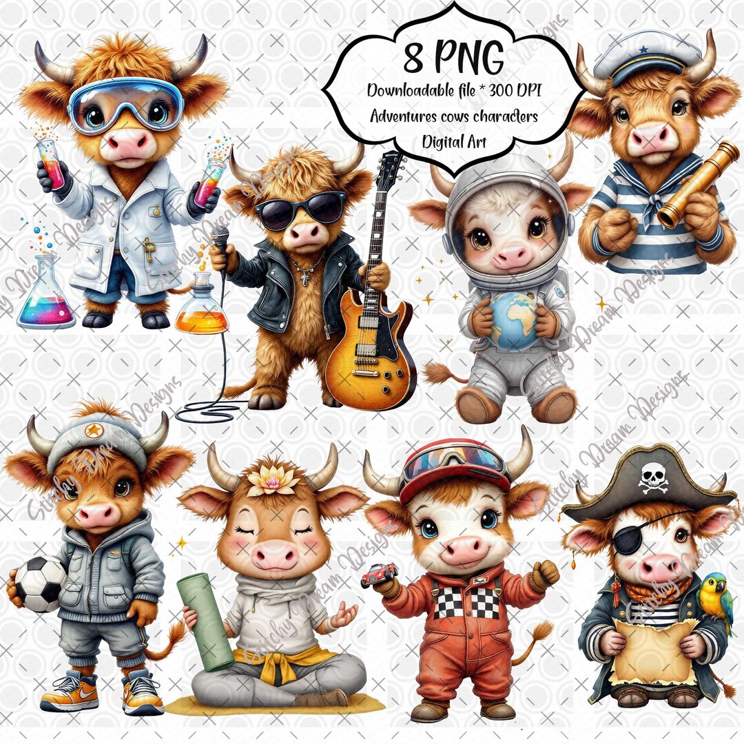 8 Adorable Adventures Cow Characters - Digital Download - High-quality ...
