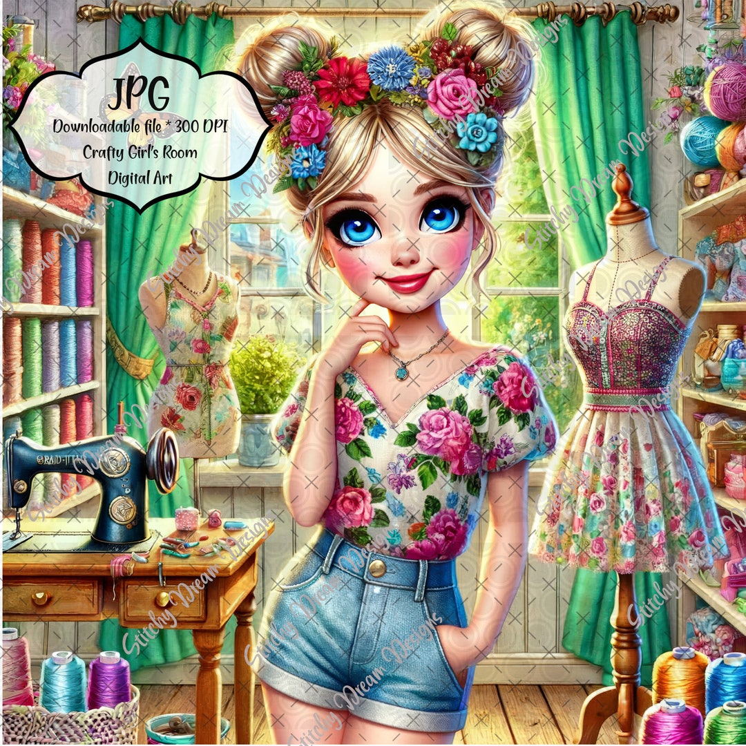 Whimsical Craft Room Art Print - Cute Girl With Flowers & Sewing ...
