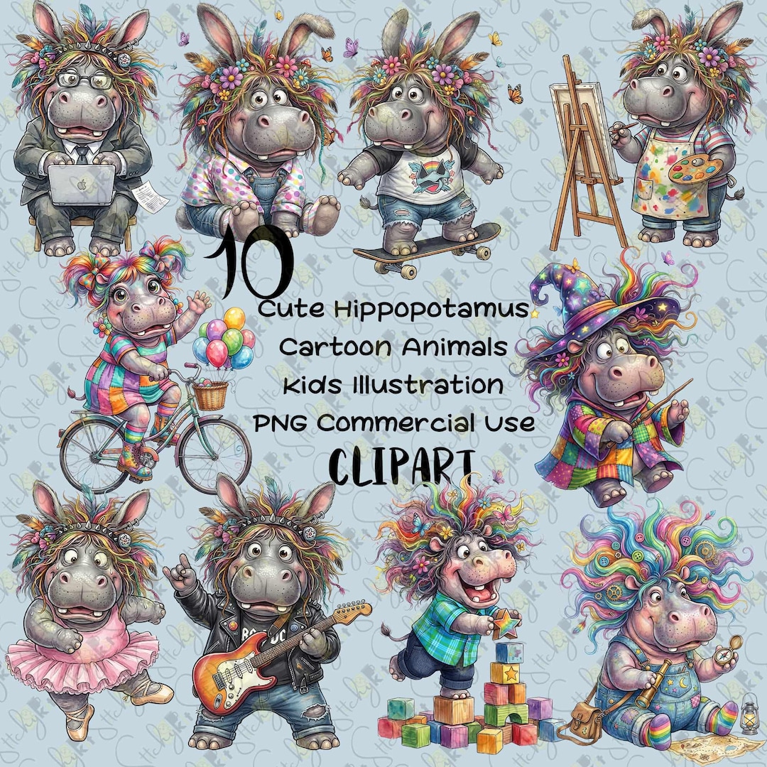 10 Cute Hippo Clipart Bundle - Funny Hippopotamus PNG Commercial Use ...