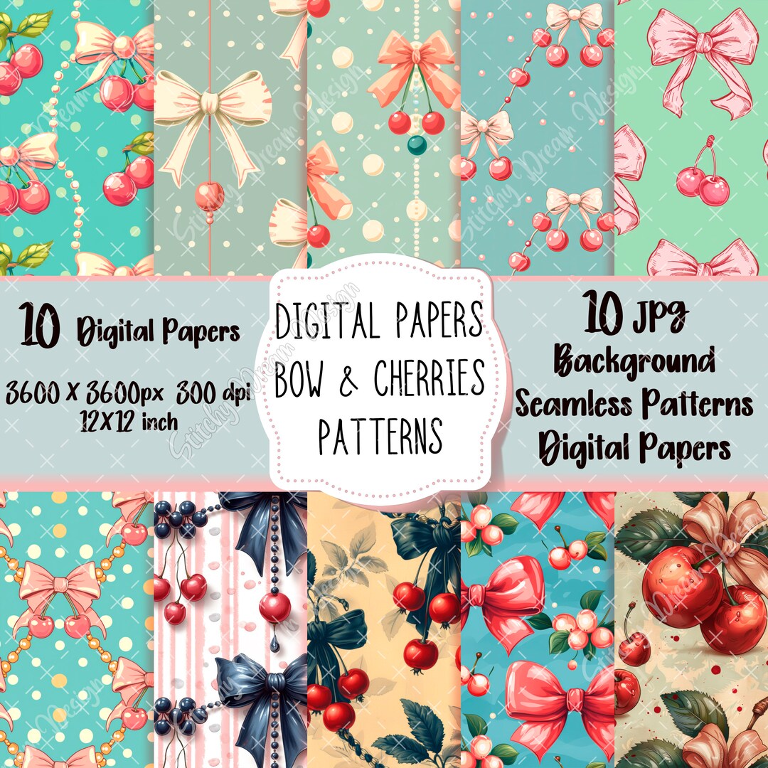 Bow and Cherries Seamless Patterns: Coquette Digital Papers (digital ...