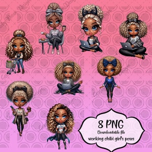 Charming Chibi Set Girl's Poses at Work: Set of 8 PNG Images ...