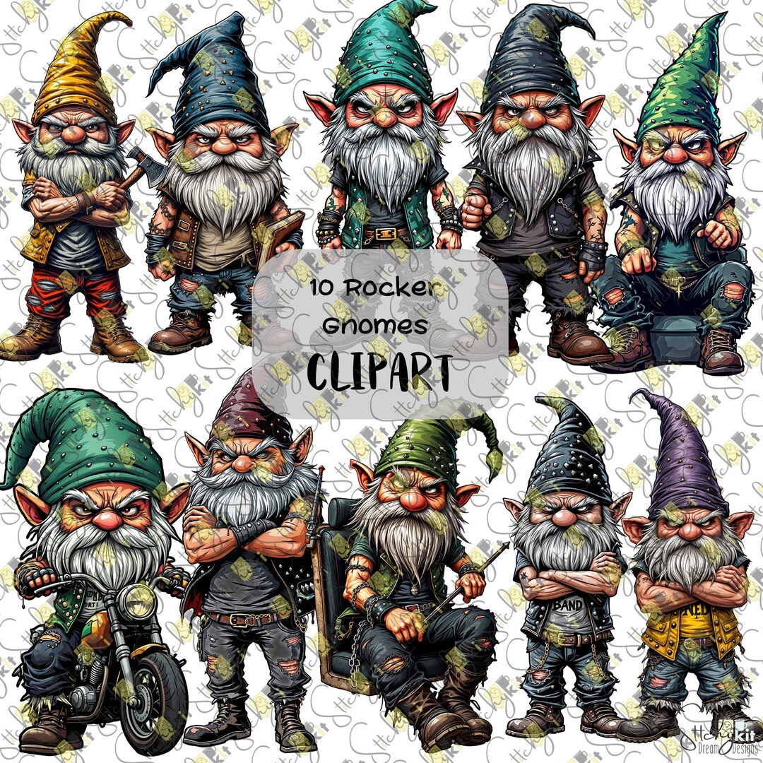 Rocker Gnome Clipart Set | 10 Pngs Grunge Gnome Graphics | Tattooed ...