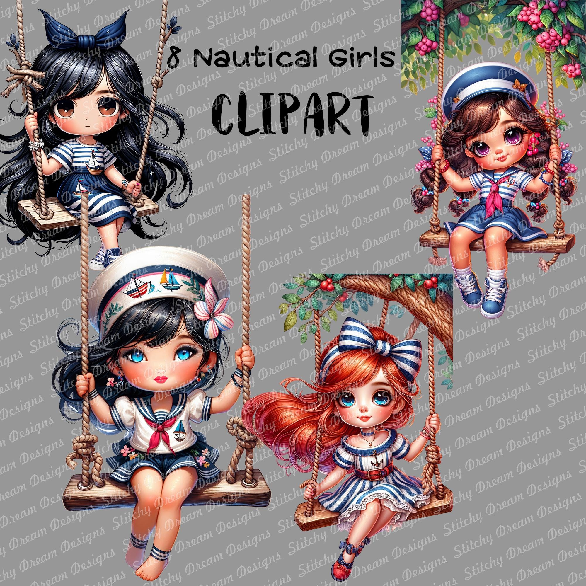 8 Nautical Girls Clipart Set – Adorable Swinging Sailors. PNG Files. - Etsy