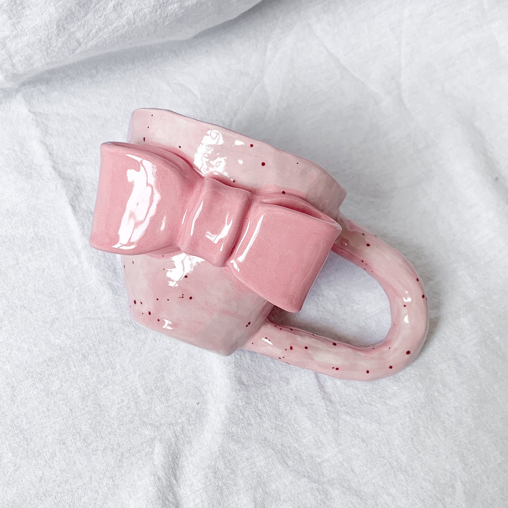 Handmade Pink Bow Ceramic Mug, Hand Painted Wide Coffee Mug, Cute Gift ...