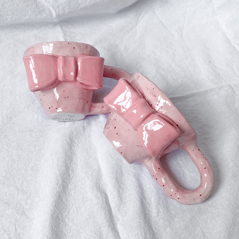 Handmade Pink Bow Ceramic Mug, Hand Painted Wide Coffee Mug, Cute Gift ...