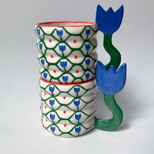 Handmade and Hand Painted Tulips Ceramic Mug, Tulip Handle Buble Large ...