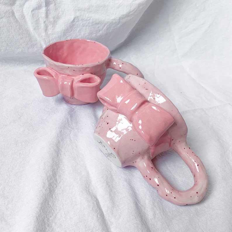 Handmade Pink Bow Ceramic Mug, Hand Painted Wide Coffee Mug, Cute Gift ...