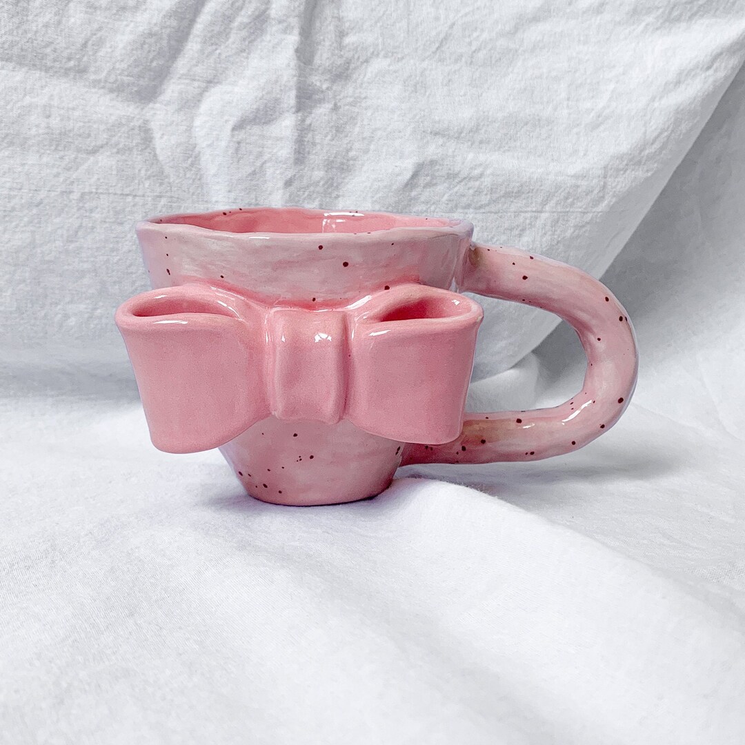 Handmade Pink Bow Ceramic Mug, Hand Painted Wide Coffee Mug, Cute Gift ...