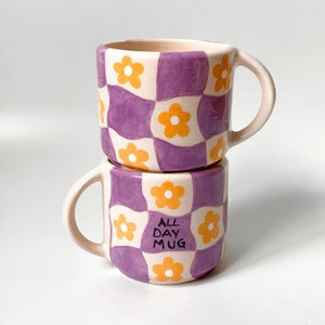 Handmade and Hand Painted Checkered All Day Mug, Cute Modern Coffee Mug ...