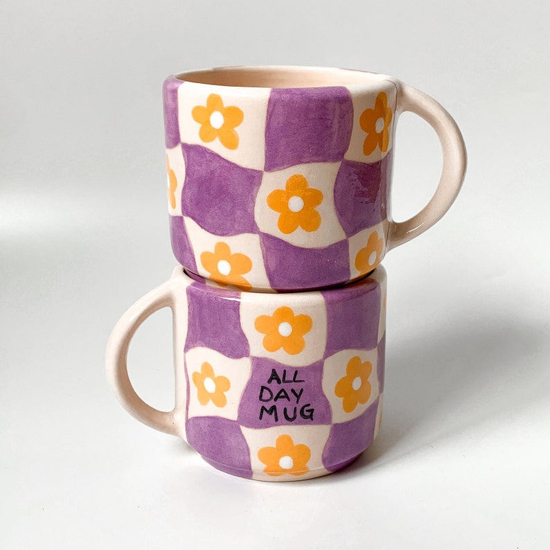 Handmade and Hand Painted Checkered All Day Mug Cute Modern - Etsy