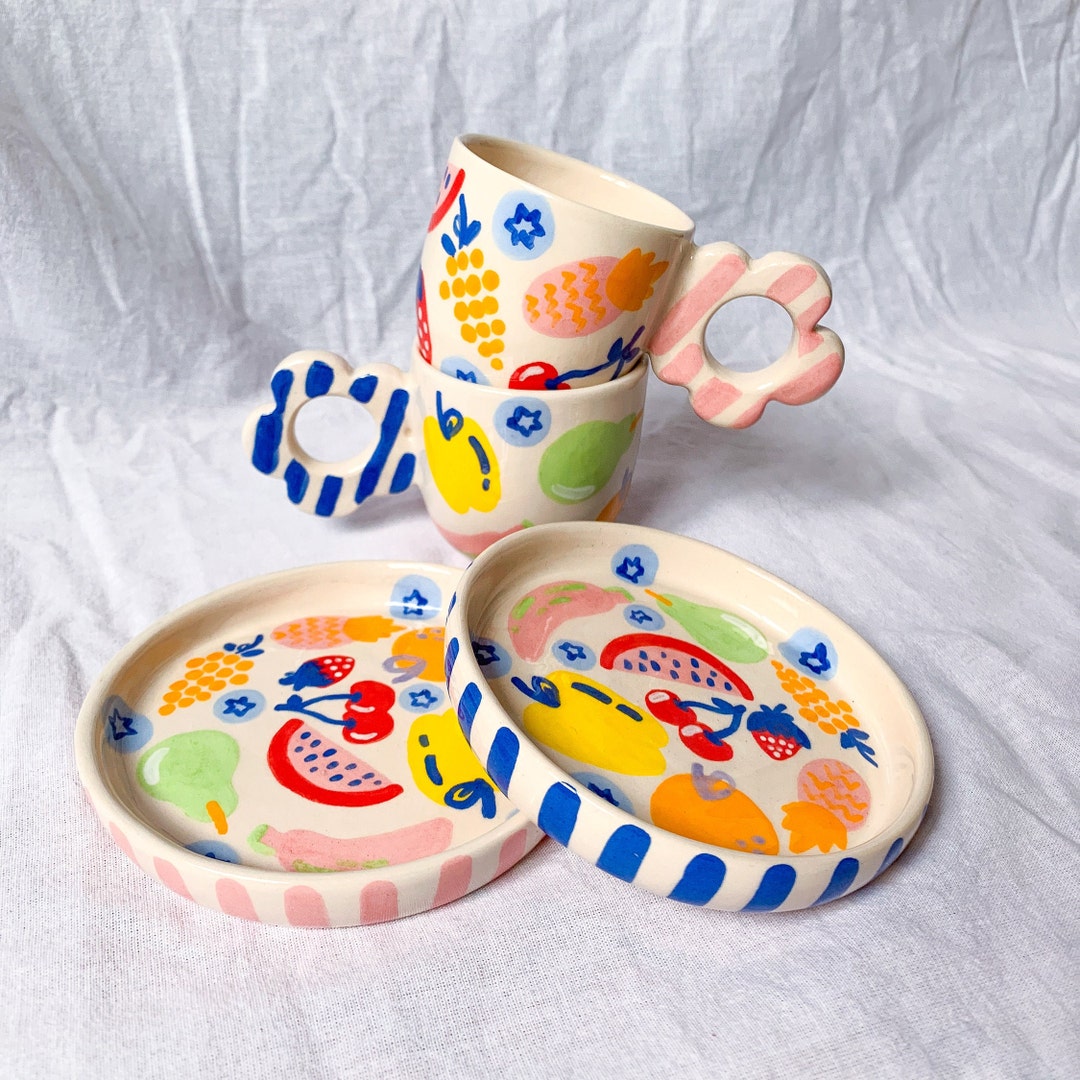 Fruit Market 2 Espresso Cups With Saucers, Set of Two Handmade Ceramic ...