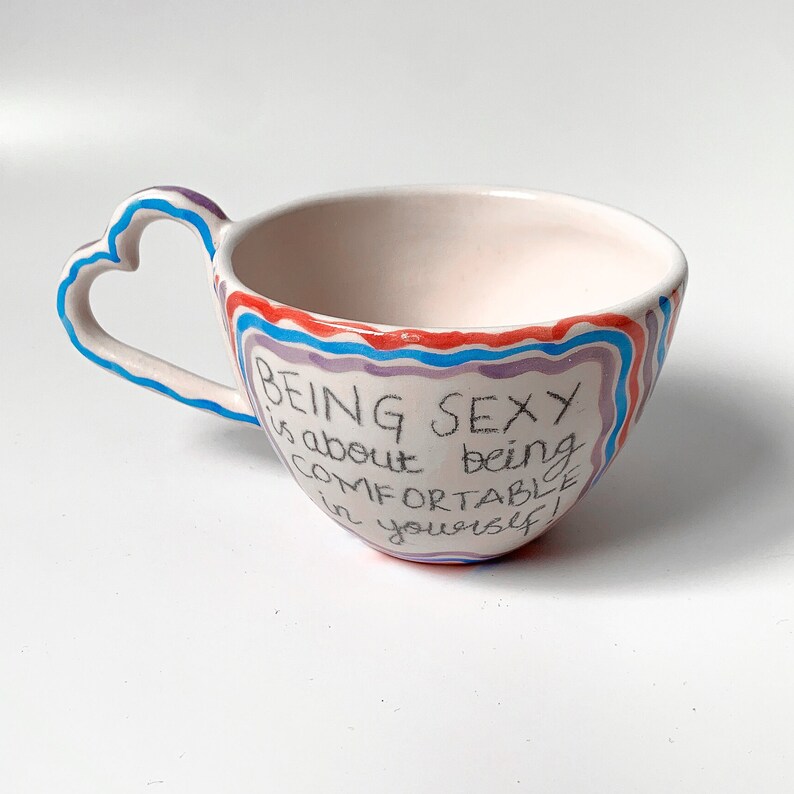 Handmade Striped Ceramic Mug: Modern Quote Coffee Mug With Heart Handle ...
