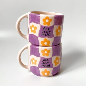 Handmade and Hand Painted Checkered All Day Mug, Cute Modern Coffee Mug ...