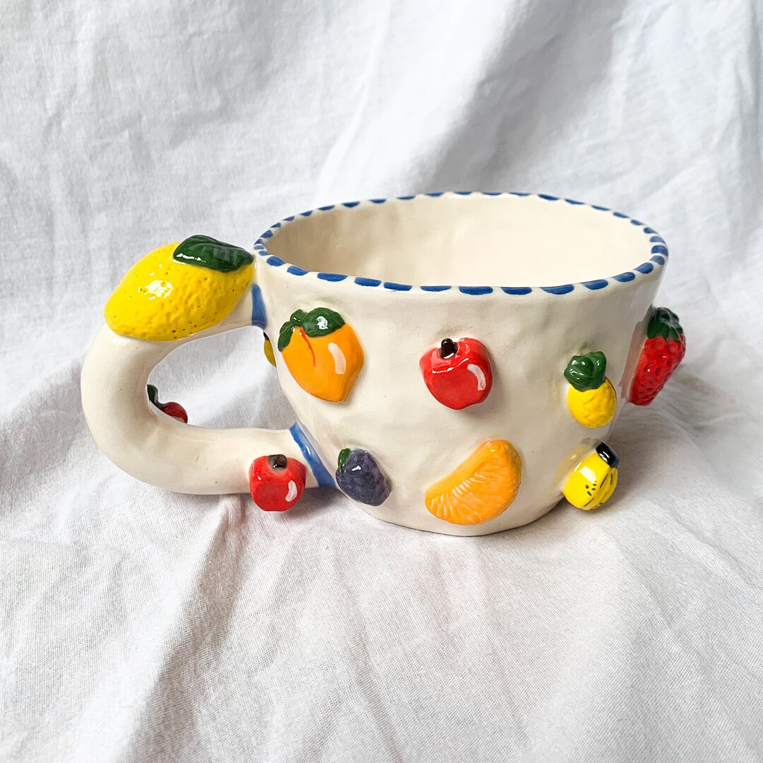 Handmade Ceramic Mug With Embossed Fruit Design, Hand Painted Coffee ...