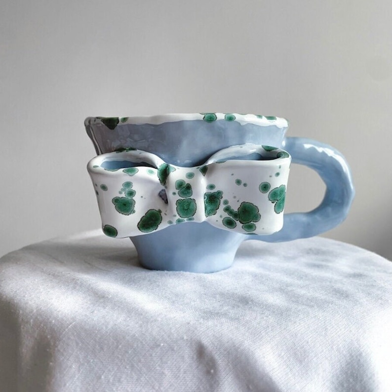 Blue Bow Handmade and Hand Painted Ceramic Mug, Aesthetic Coffee Mug ...