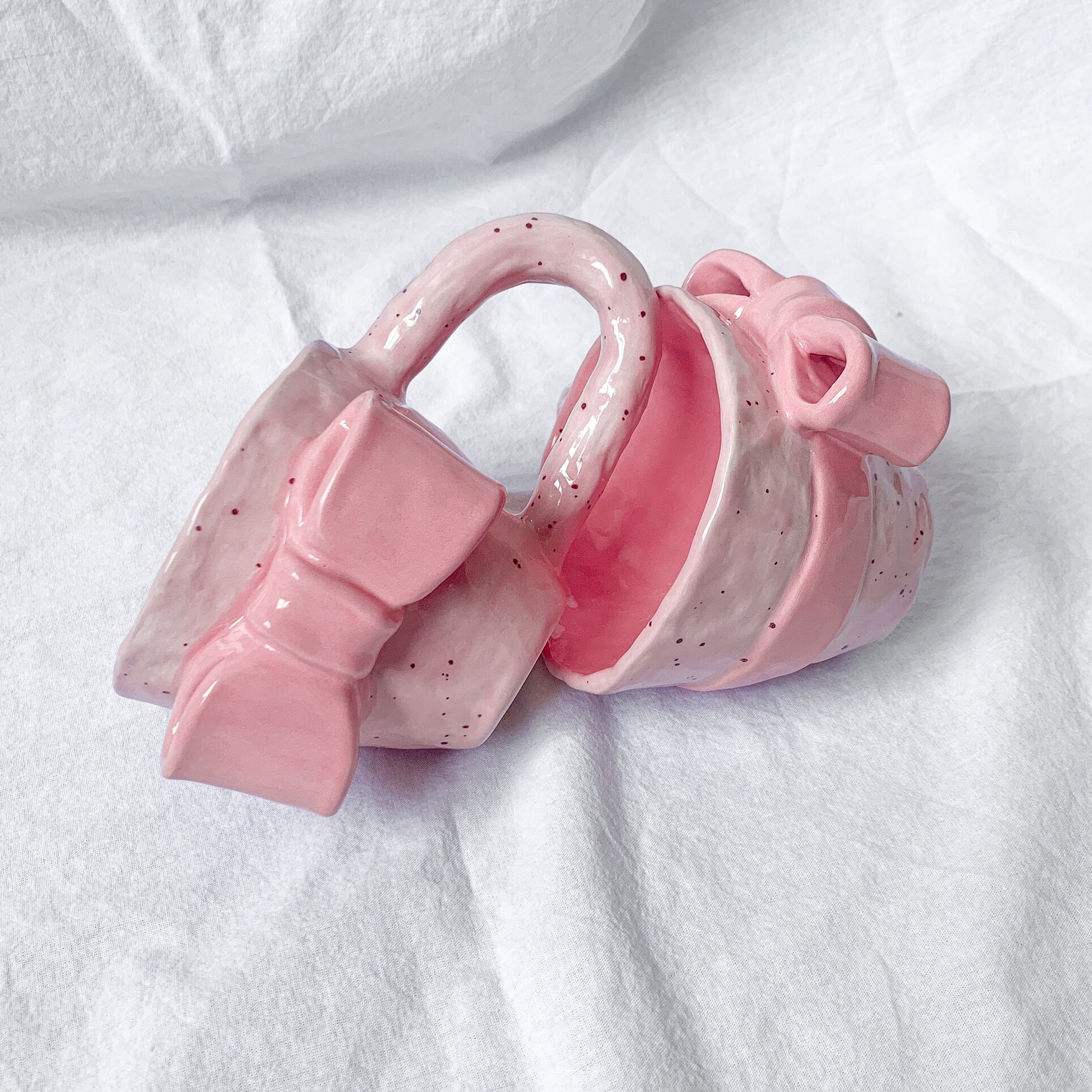 Handmade Pink Bow Ceramic Mug, Hand Painted Wide Coffee Mug, Cute Gift ...