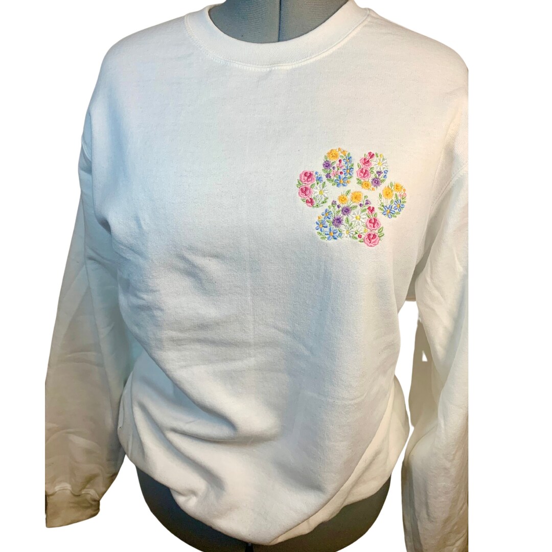 Paw Print Floral Embroidered Sweater, Floral Crew Neck Sweater, Paw ...