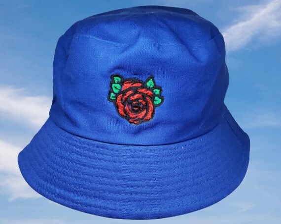 Bucket Hat Blue Every Day Fun Hat Trendy Embroidered Rose | Etsy