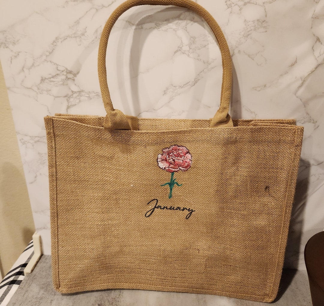 Flower of the Month Large Capacity Burlap Jute Bag January Deep Pocket ...
