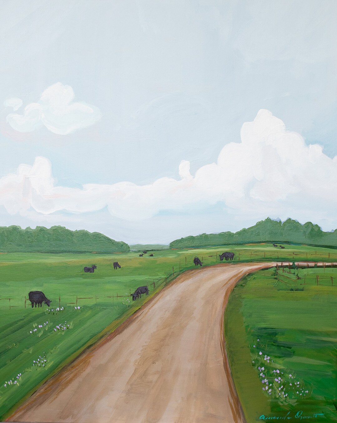 Cows in Field Art Print: Country Road Landscape by Amanda Oswalt - Etsy