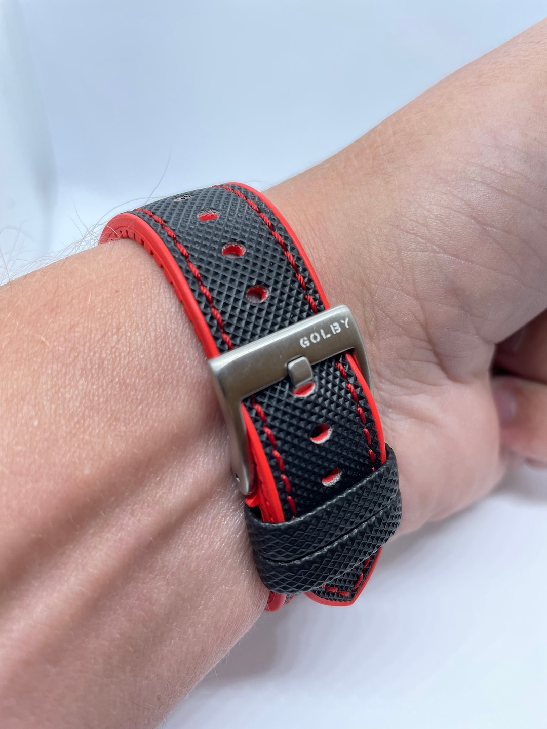20mm, Black and Red Hybrid Rubber Strap With Red Stitching and Steel ...