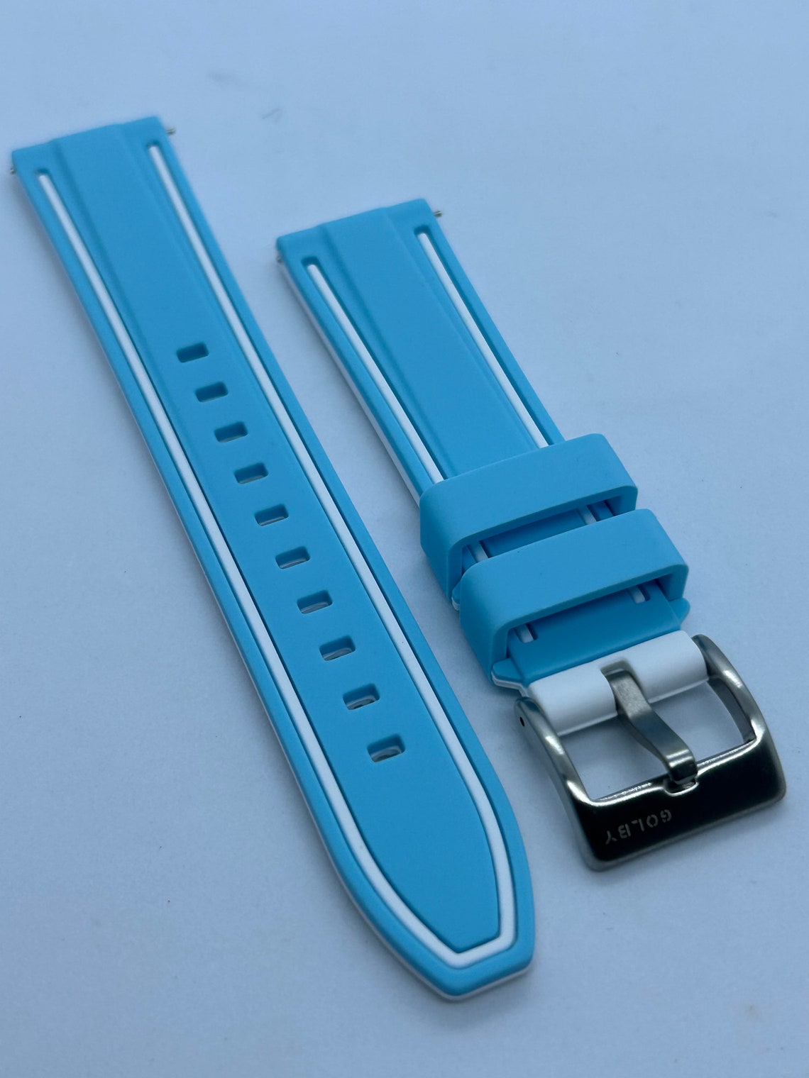 20mm and 22mm, Blue and White Solid Silicone Strap With White Stripes ...