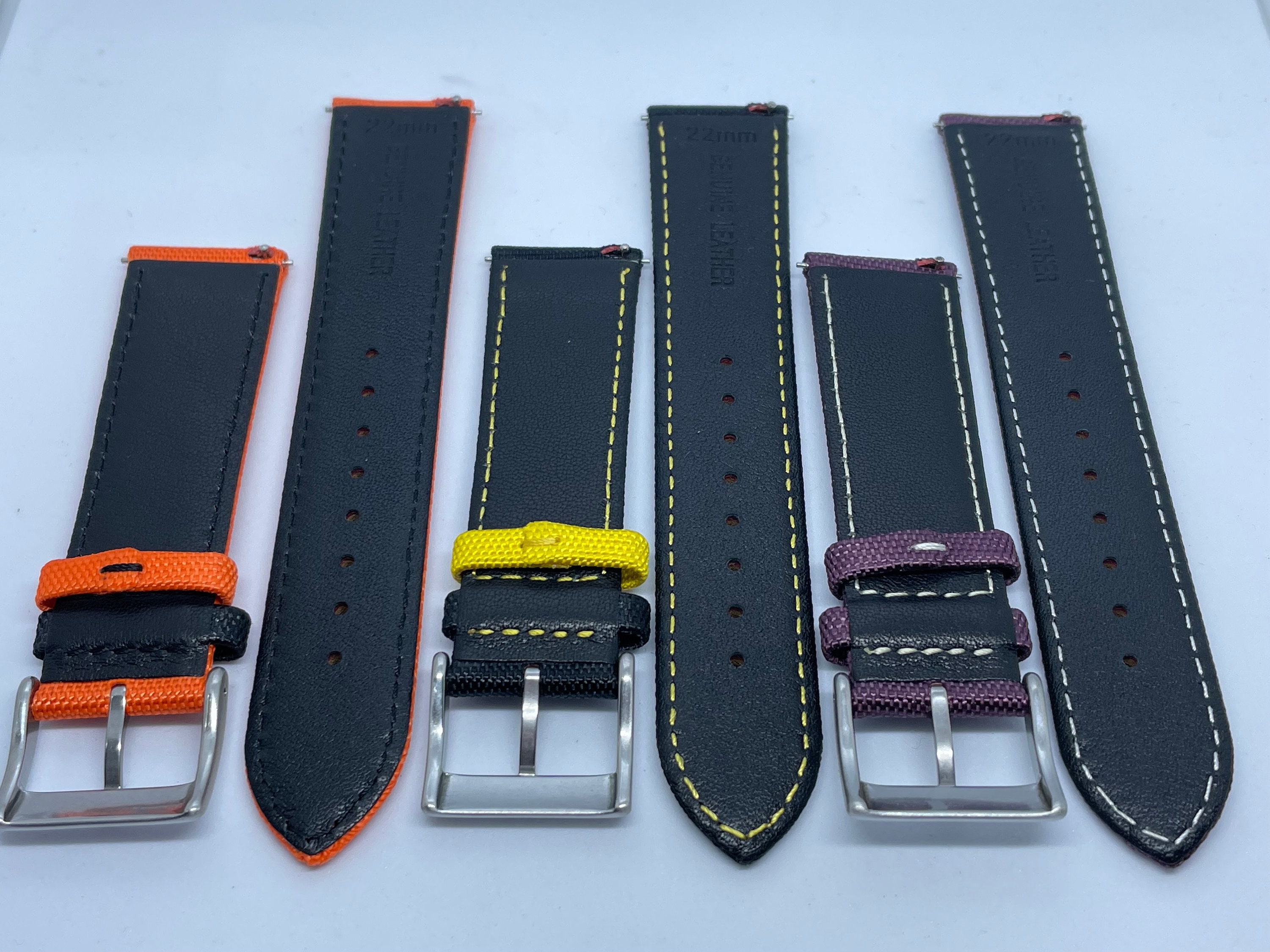 22mm, custom made, black and yellow sailcloth watch strap with yellow ...