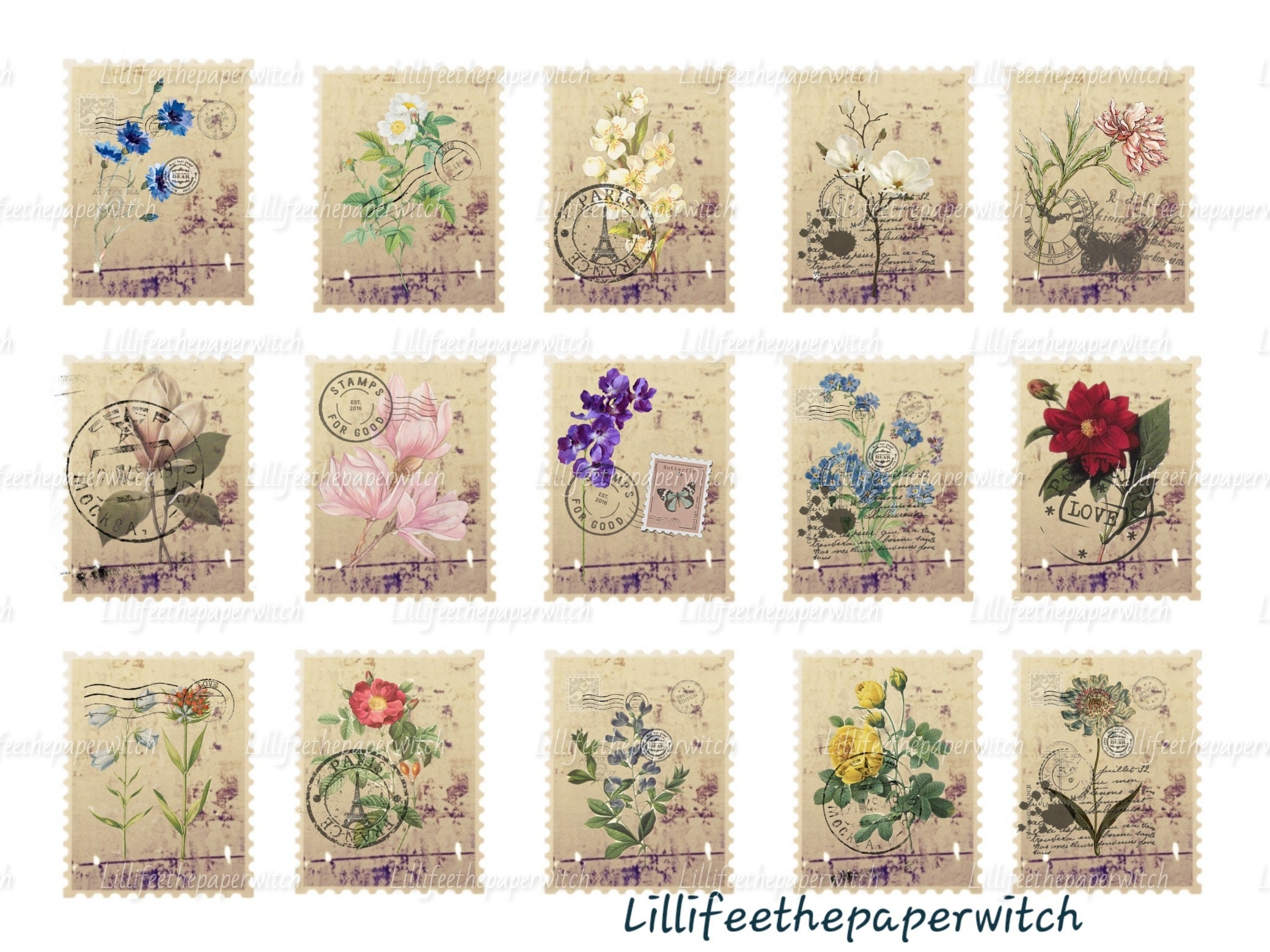 Faux Postage Stamps, Ephemera Stamps, Digital Printable, Vintage ...