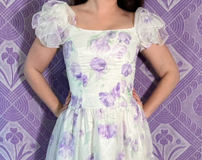 1970s Purple Floral Prom Dress | Midi Length With Statement Sleeves ...