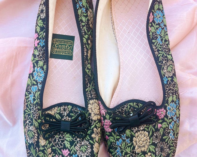 1970s Black and Gold Floral Brocade Slippers by Daniel Green Comfy ...