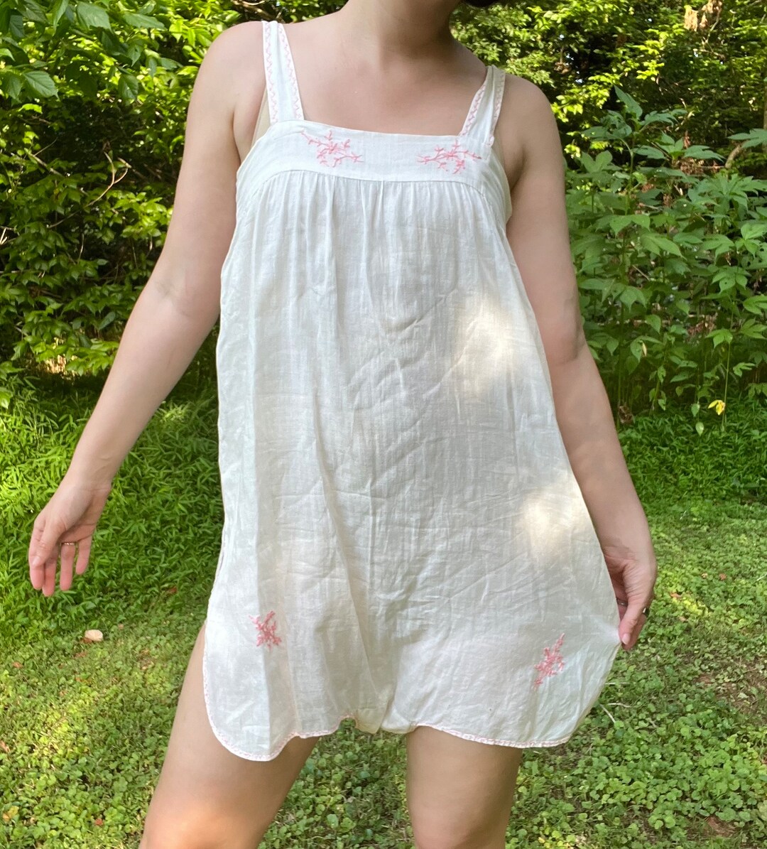 Antique 1920s White Cotton Step-in With Pink Floral Embroidery | 20s ...